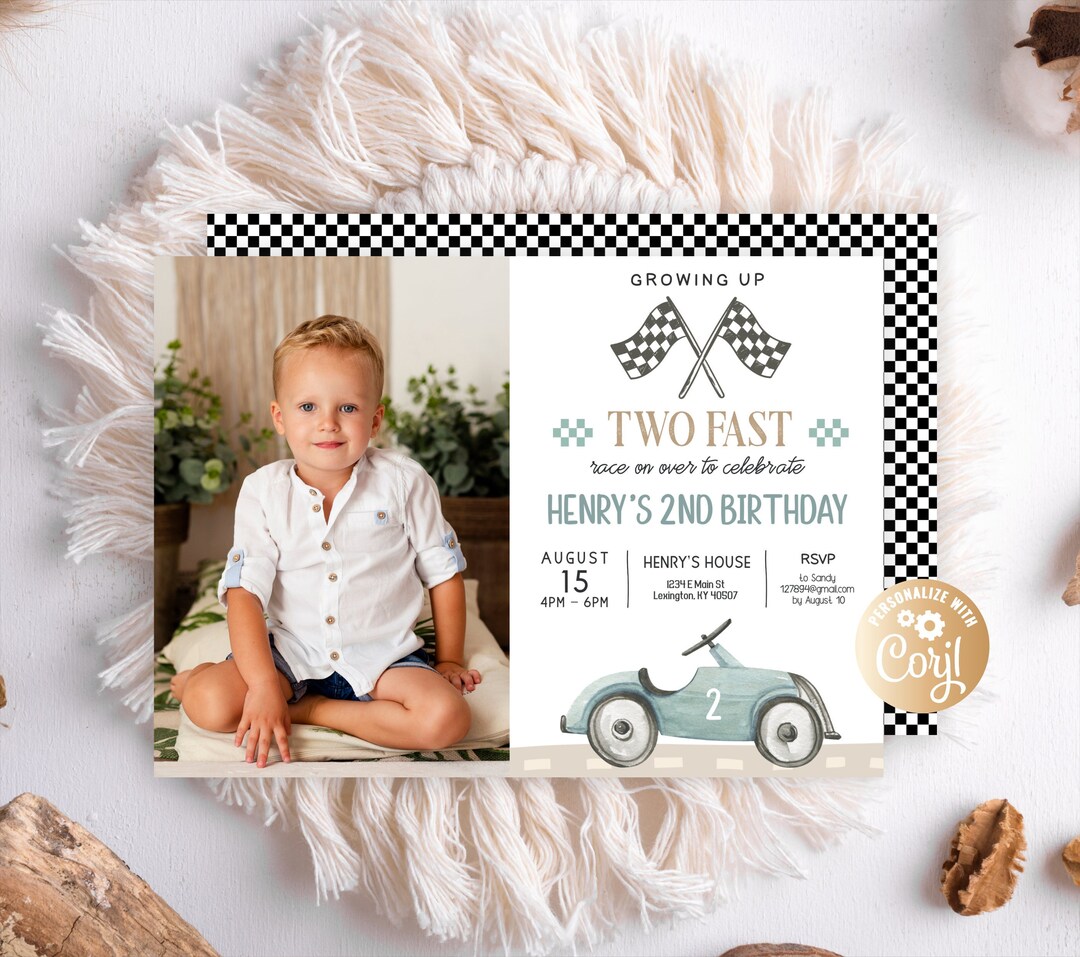 Editable Two Fast Birthday Invitation With Photo, Vintage Car, Vintage ...