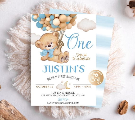 Bear Birthday Invitation Beary First Birthday Party Invites - Etsy