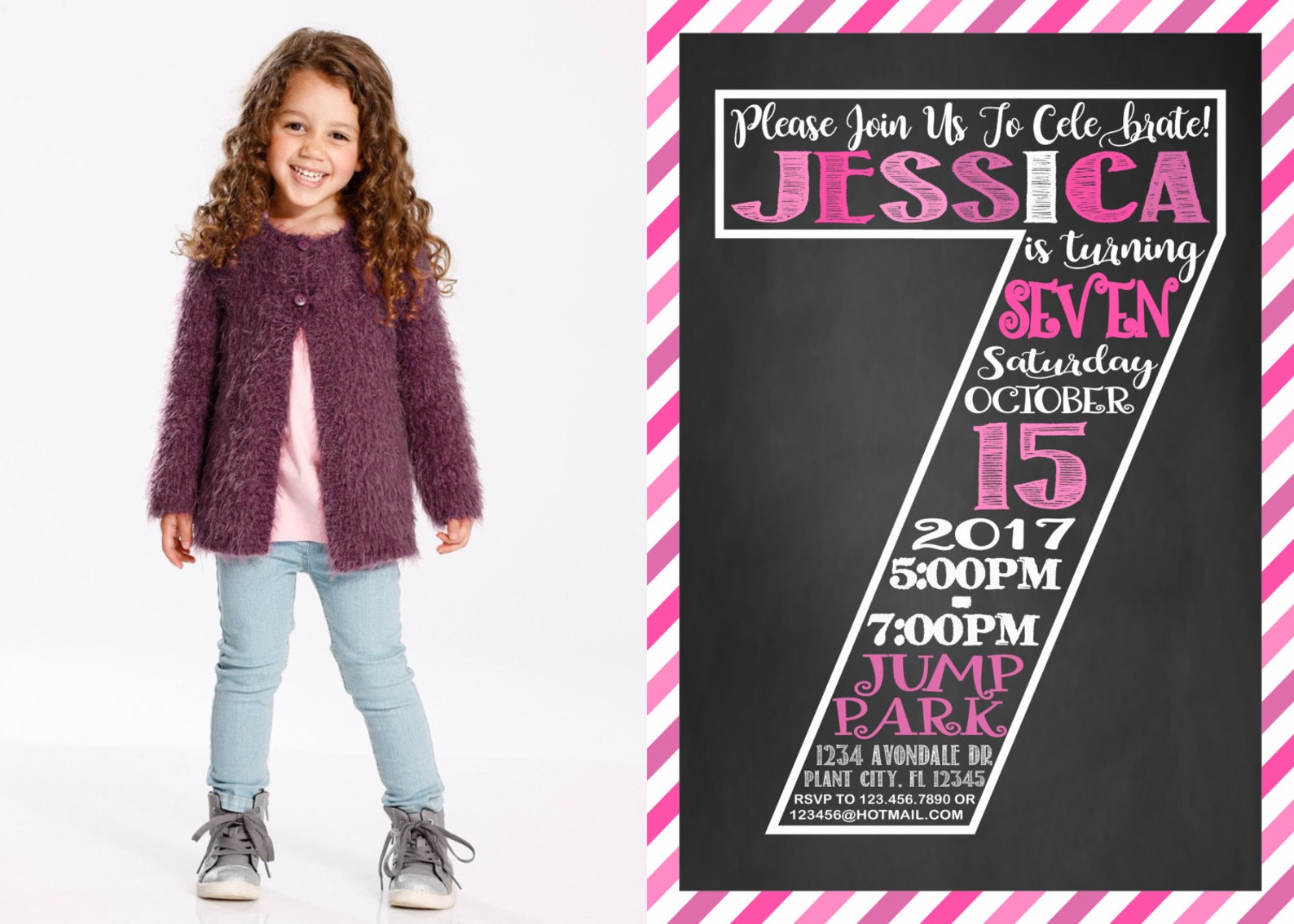 7th Birthday Invitation Girl Сhalkboard Seventh Birthday - Etsy