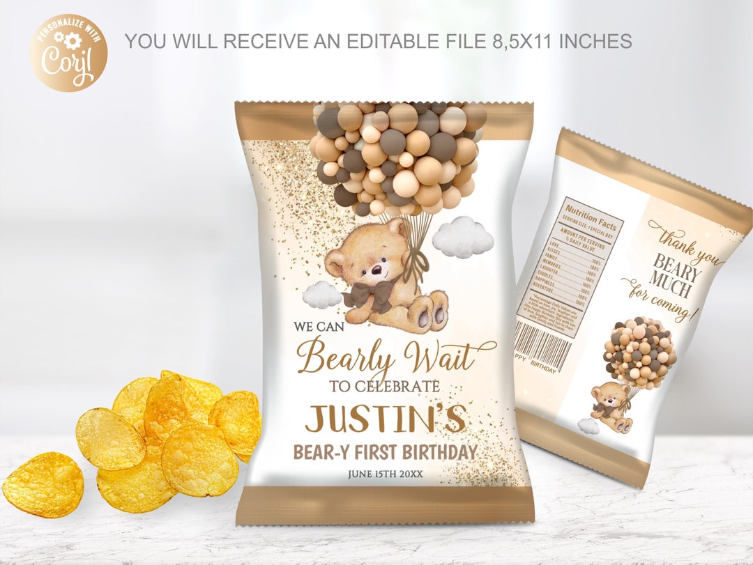 Editable Bear Chip Bags Birthday Party, Brown Bear Birthday Chip Bag ...