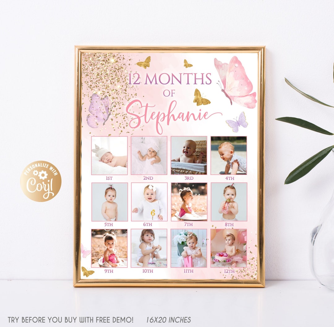 Editable Butterfly First 12 Months Photo Collage Sign, Butterfly First ...
