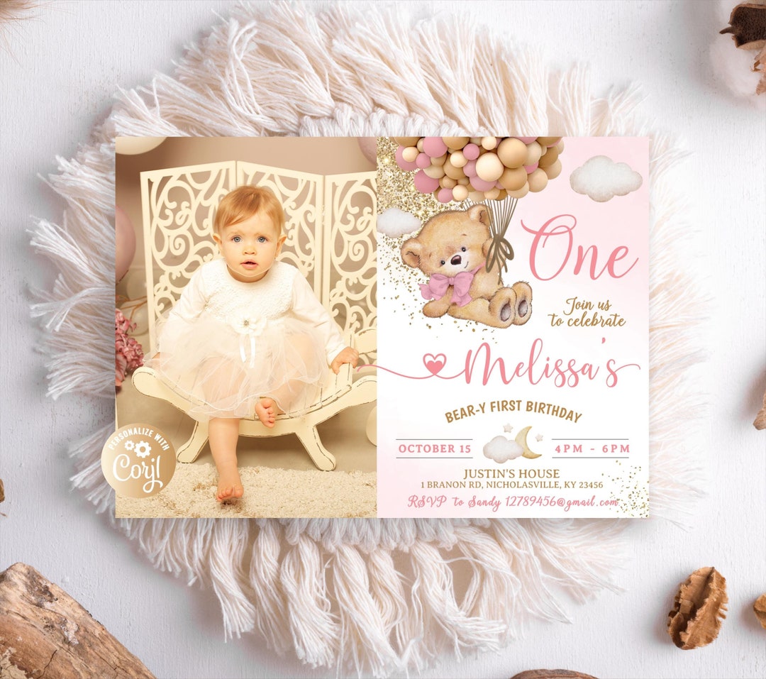 Bear Birthday Invitation Girl Bear With Photo, Bear-y First Birthday ...