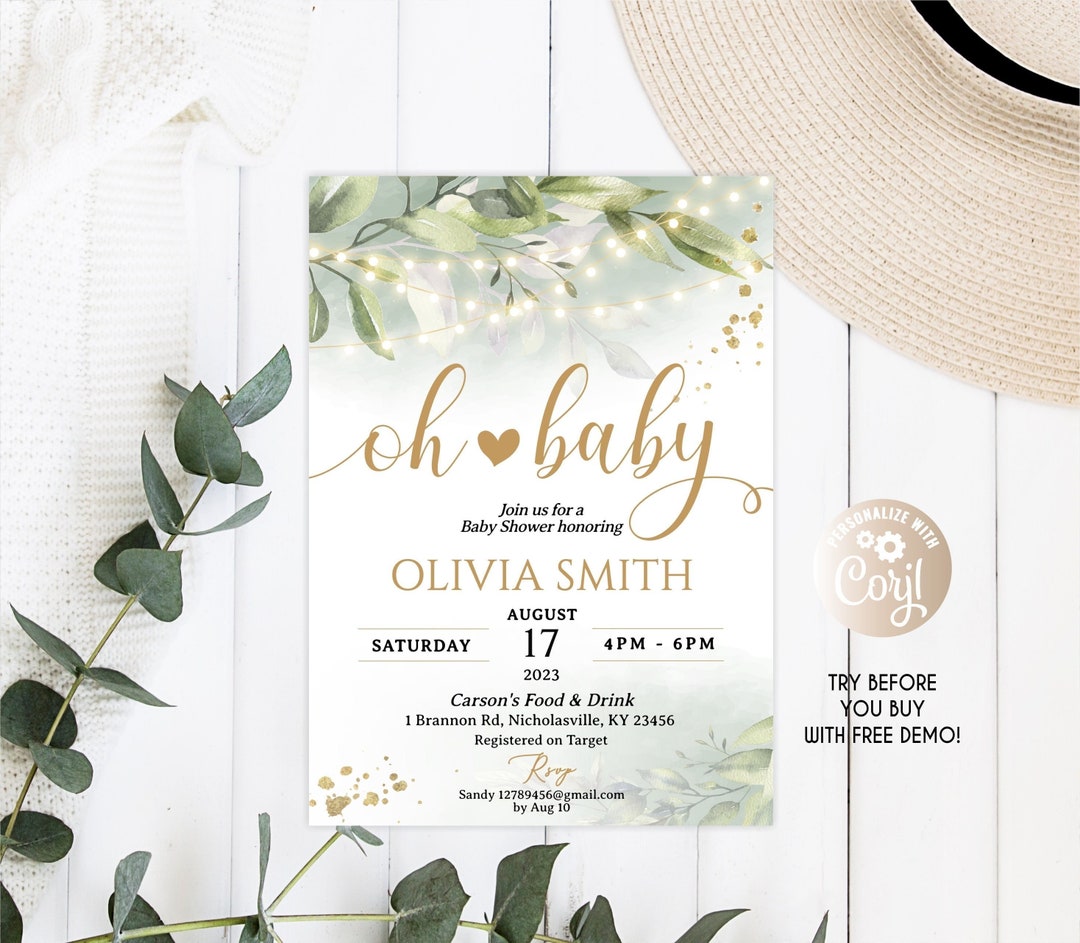 Greenery Baby Shower Invitation, Baby Shower Invitation, Oh Baby ...