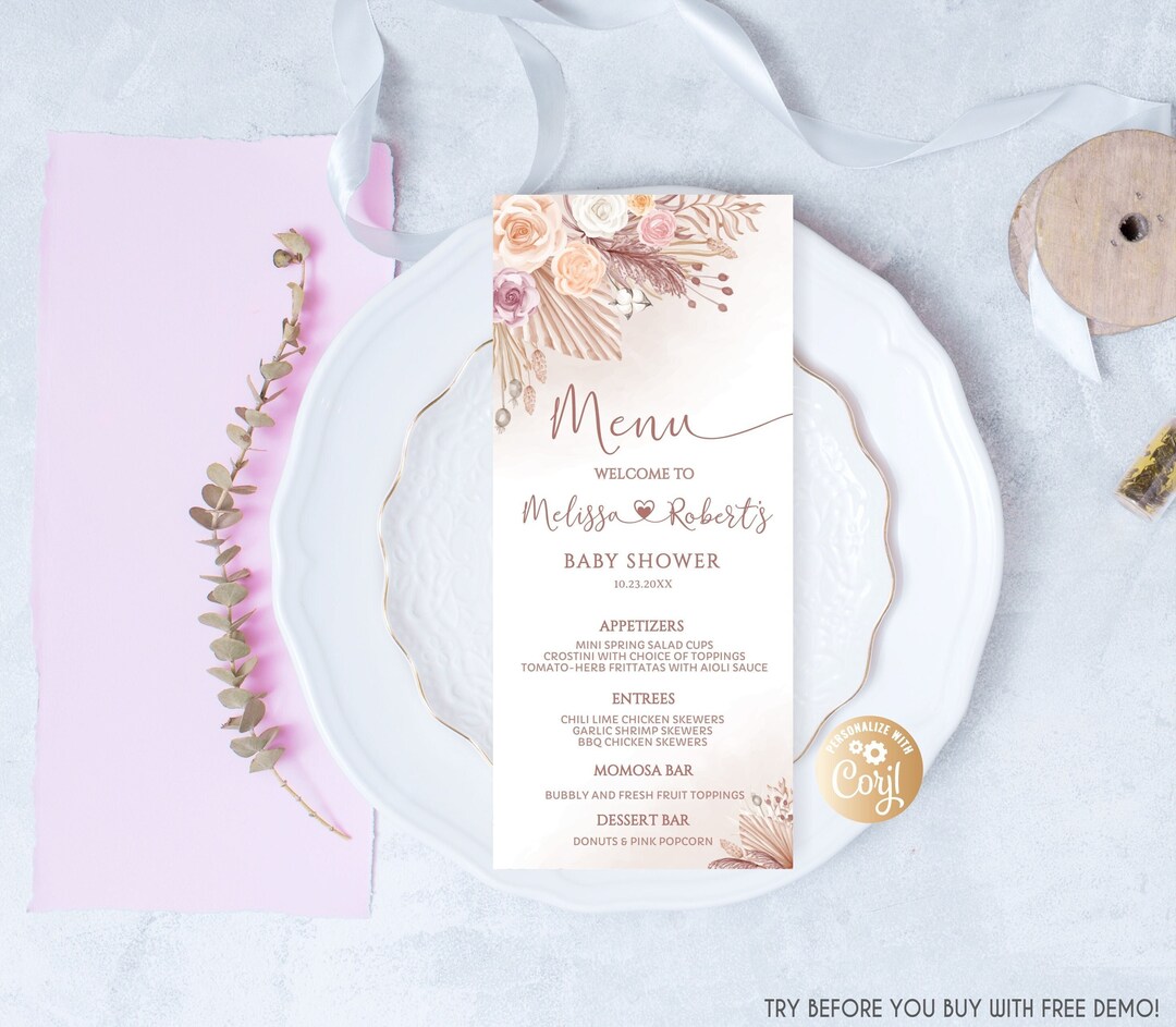 Editable Boho Menu Card, Pampas Menu Card, Bohemian Dinner Menu, Pampas ...