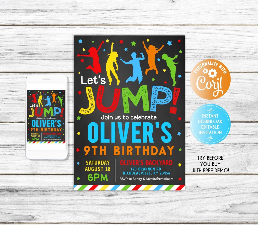 Jump Birthday Invitation, for Boy, Jump Birthday Party Invitation, Boy ...