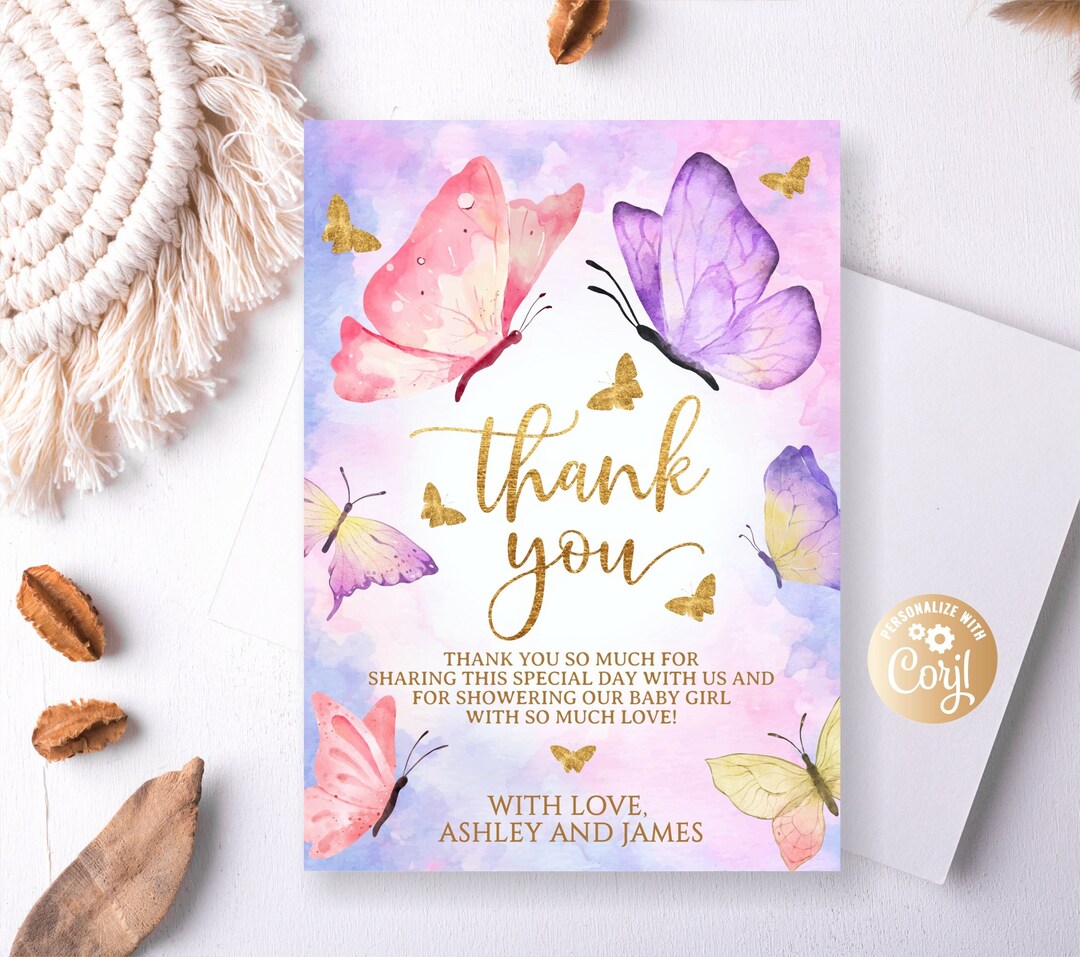 Editable Butterfly Purple Watercolor Thank You Card, Butterfly Gold ...
