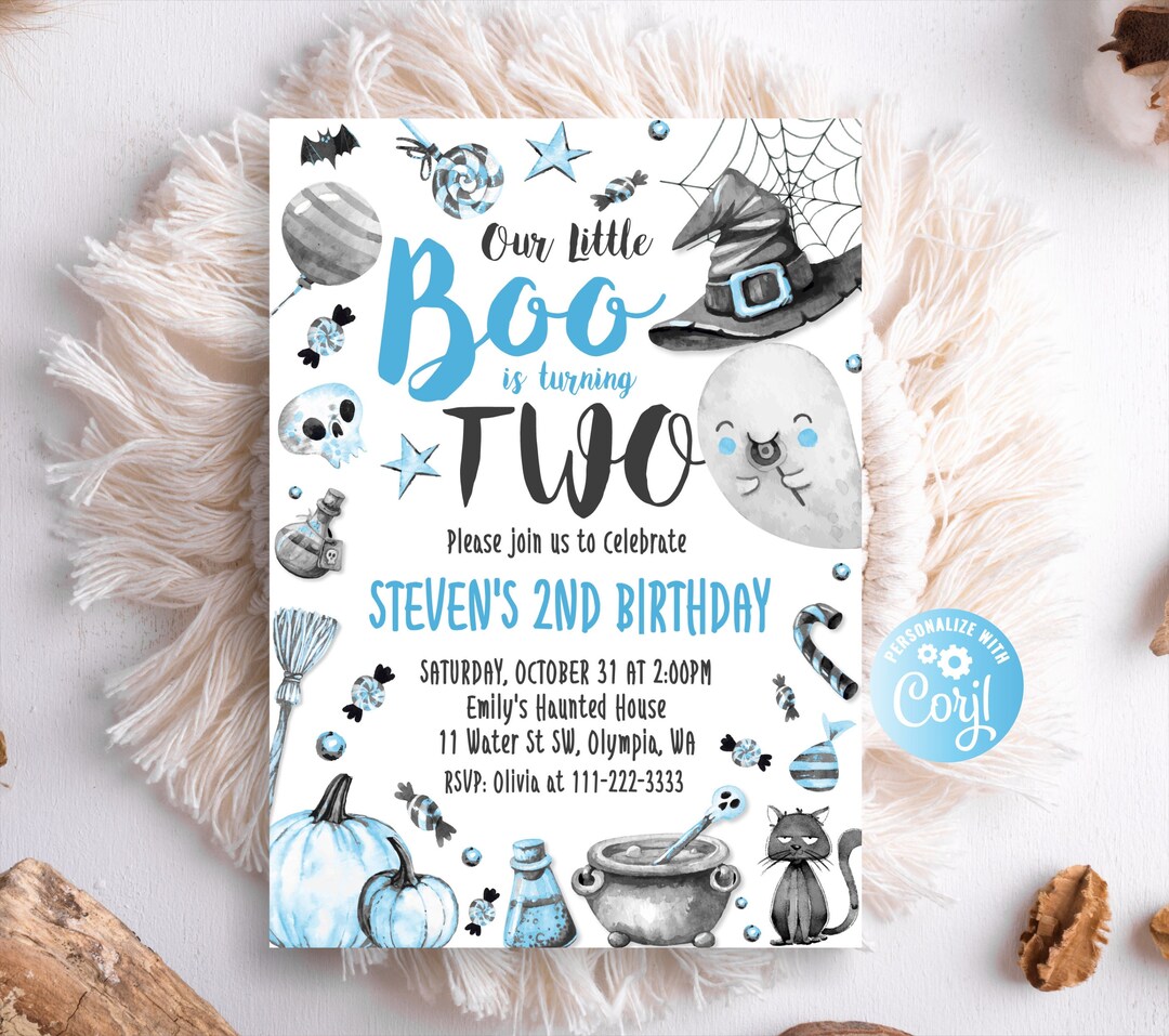 Editable Our Little Boo Birthday Party Invitation Boy Blu, Halloween ...