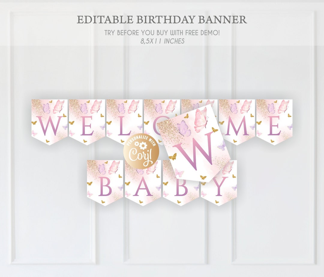 Editable Butterfly Welcome Baby Banner Gold Pink, Butterfly Baby Shower ...