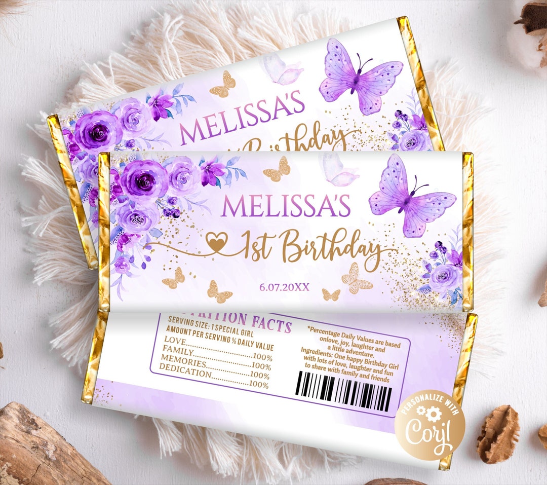 Editable Butterfly Birthday Chocolate Wrapper Purple Roses, Printable ...