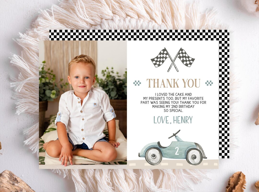 Editable Two Fast Birthday Thank You Card With Photo, Vintage Car Note ...