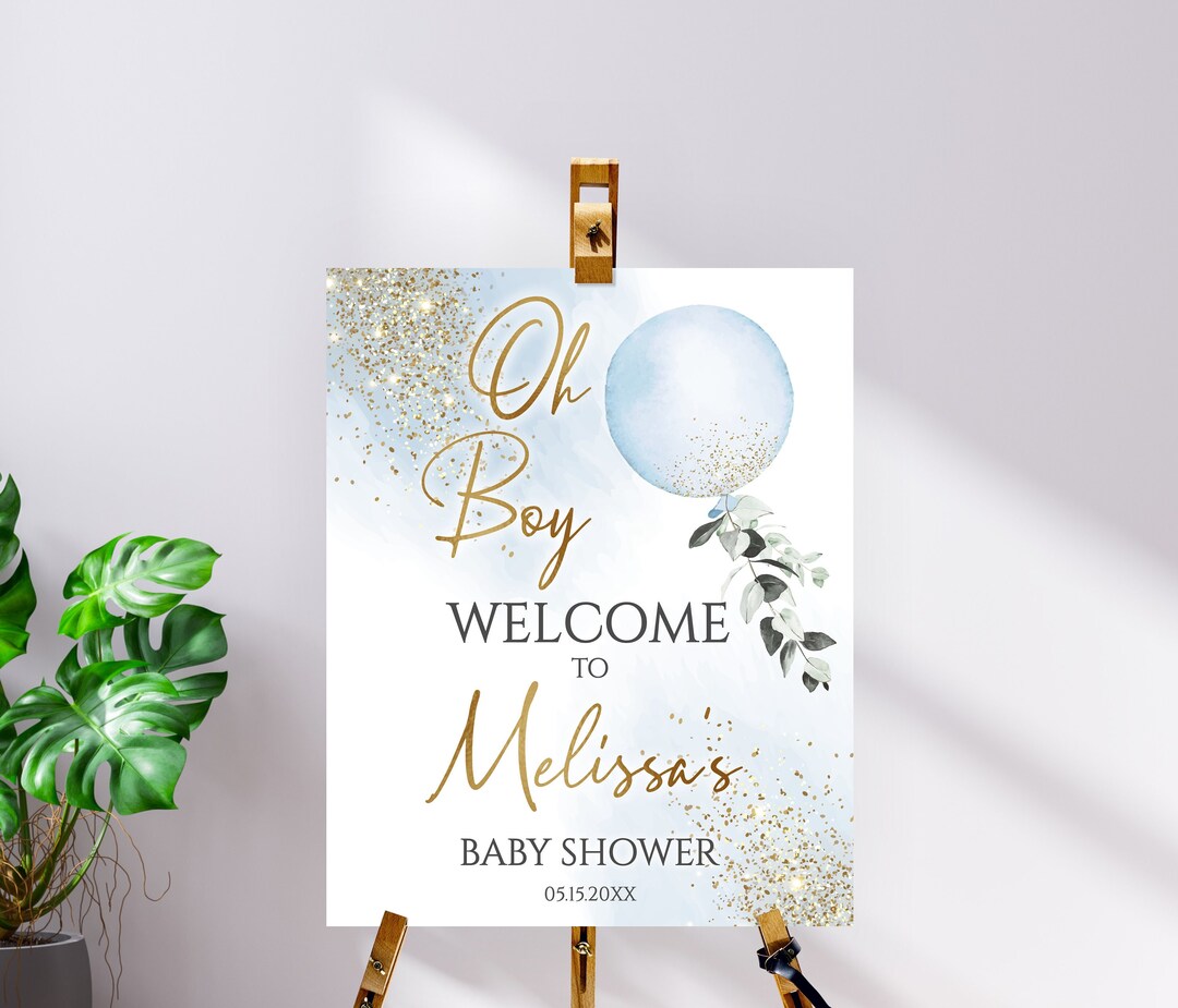 Editable Oh Boy Blue Welcome Sign, Greenery Blue Balloon Baby Shower ...