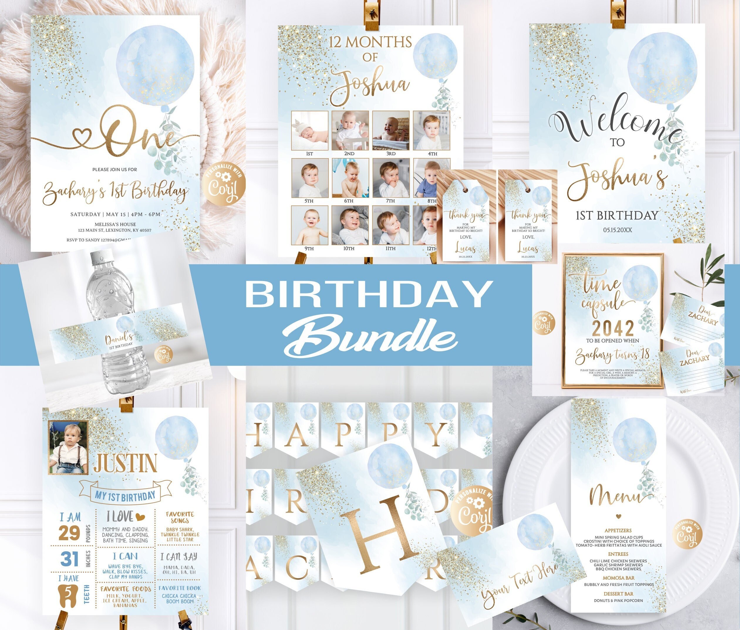 Editable Boy Blue Balloon 1st Birthday Bundle Editable Greenery First ...