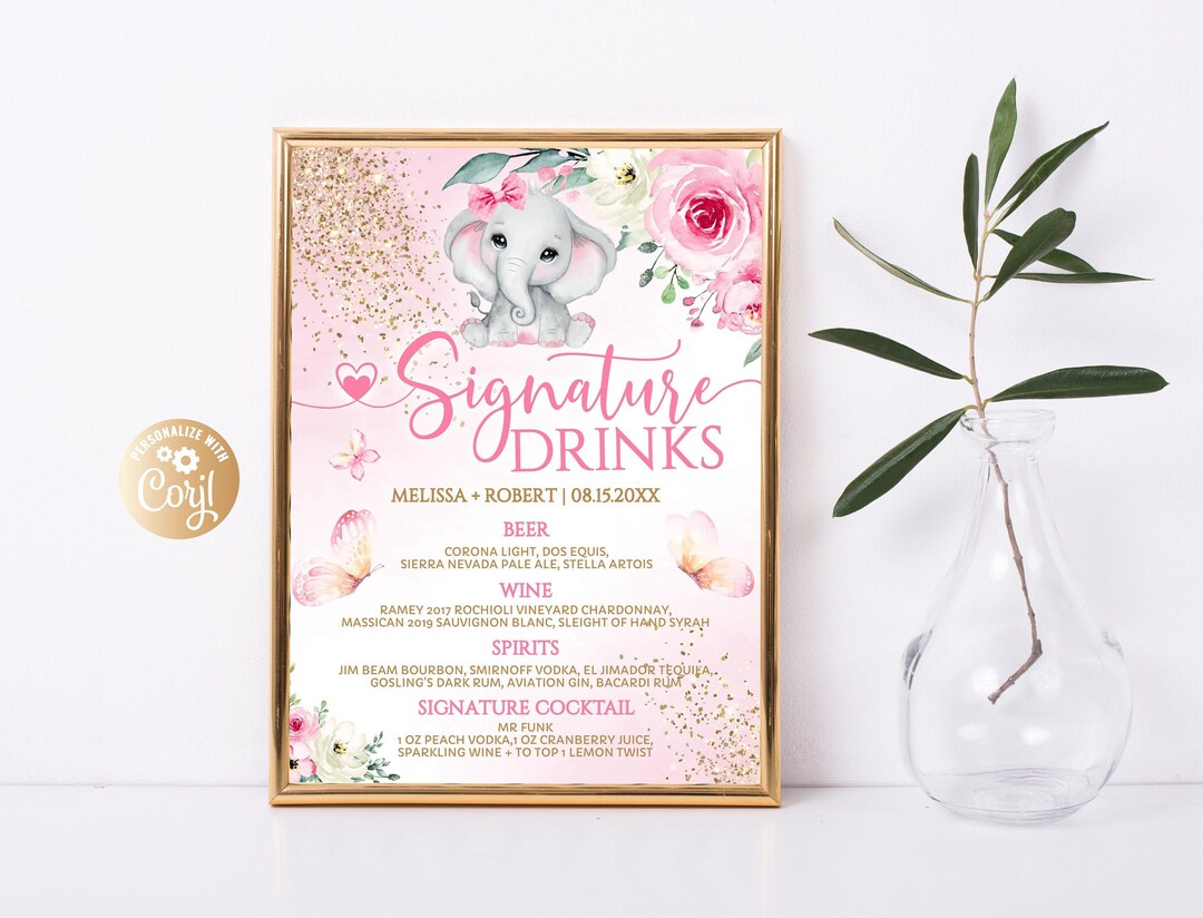 Editable Elephant Girl Signature Drinks, Butterfly Elephant Signature ...