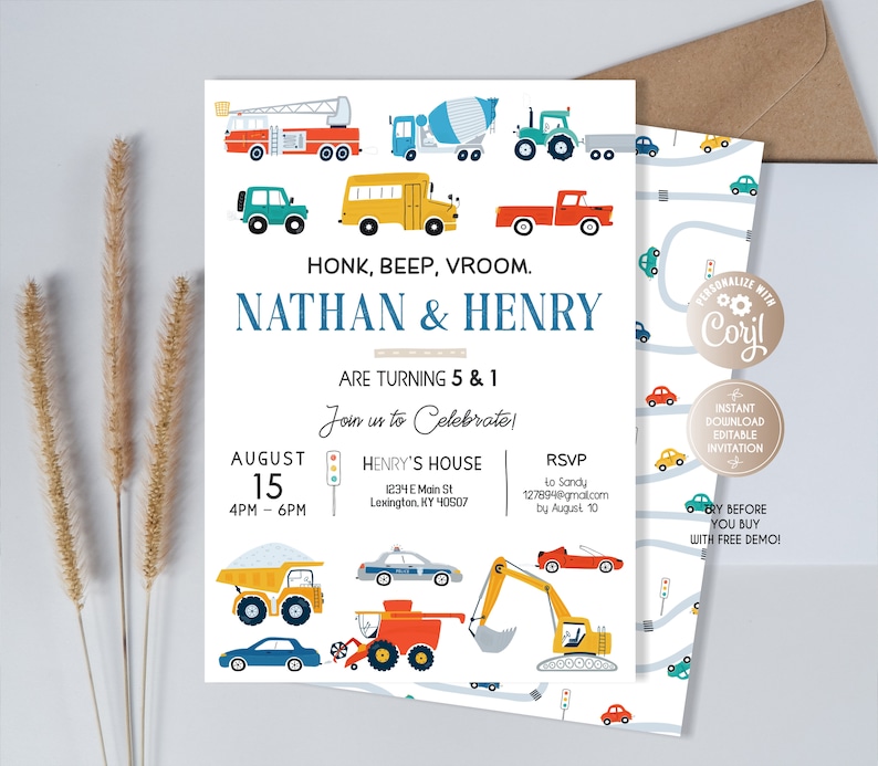 Transportation Birthday Invitation, Truck Birthday Invitation, Cars ...