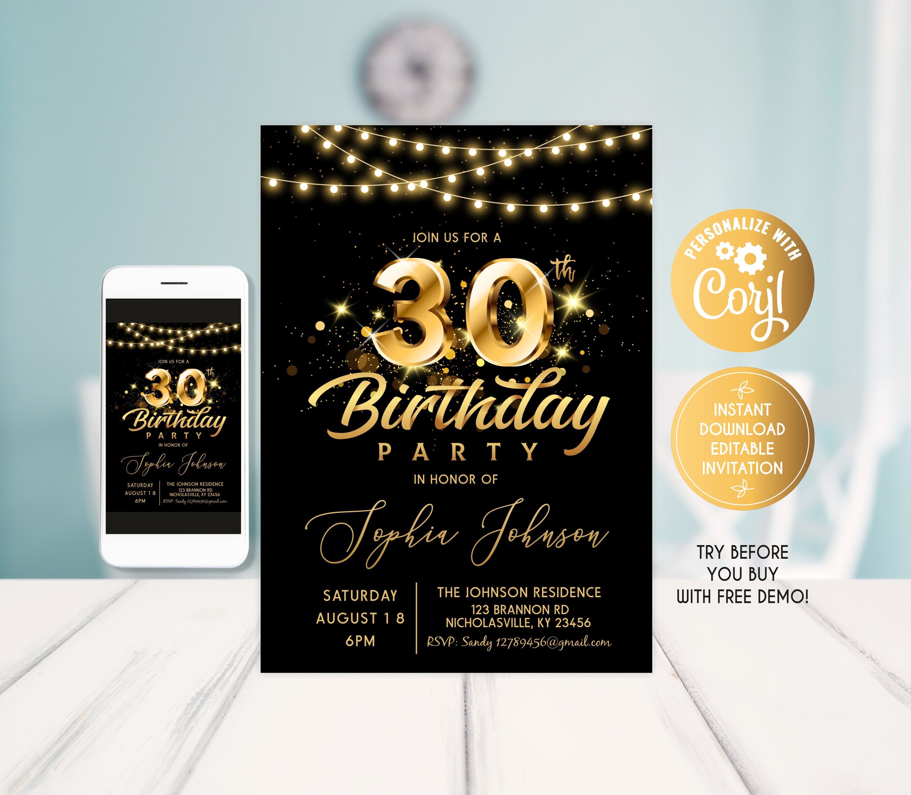 30th Birthday Invitation for Woman, Gold & Dark Birthday Invitation ...