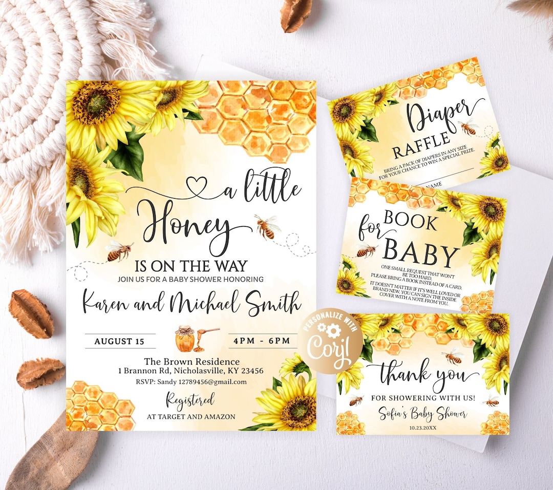 Editable A Little Honey is on the Way Bee Baby Shower Invitation Set ...
