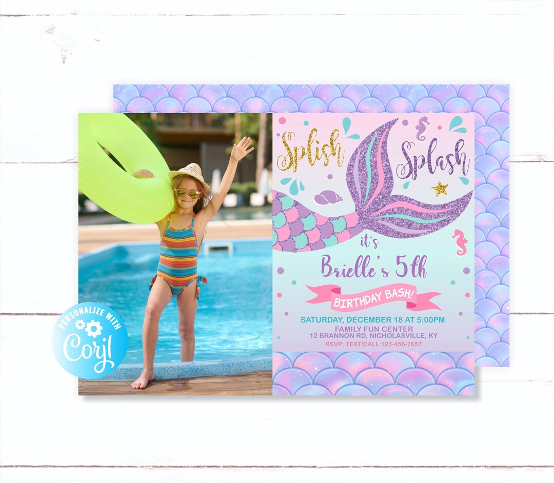 Mermaid Birthday Invitation With Photo, Mermaid Invitation, Mermaid ...