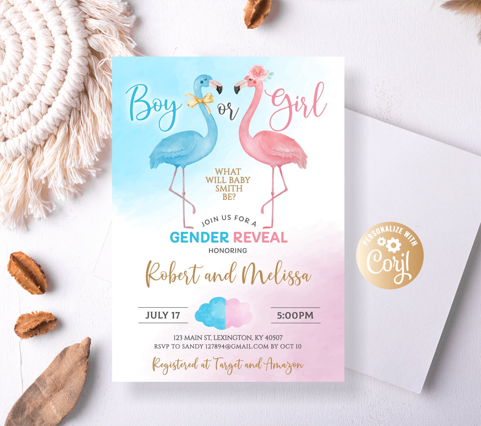 Gender Reveal Invitation, Flamingo Gender Reveal He or She, Boy or Girl ...