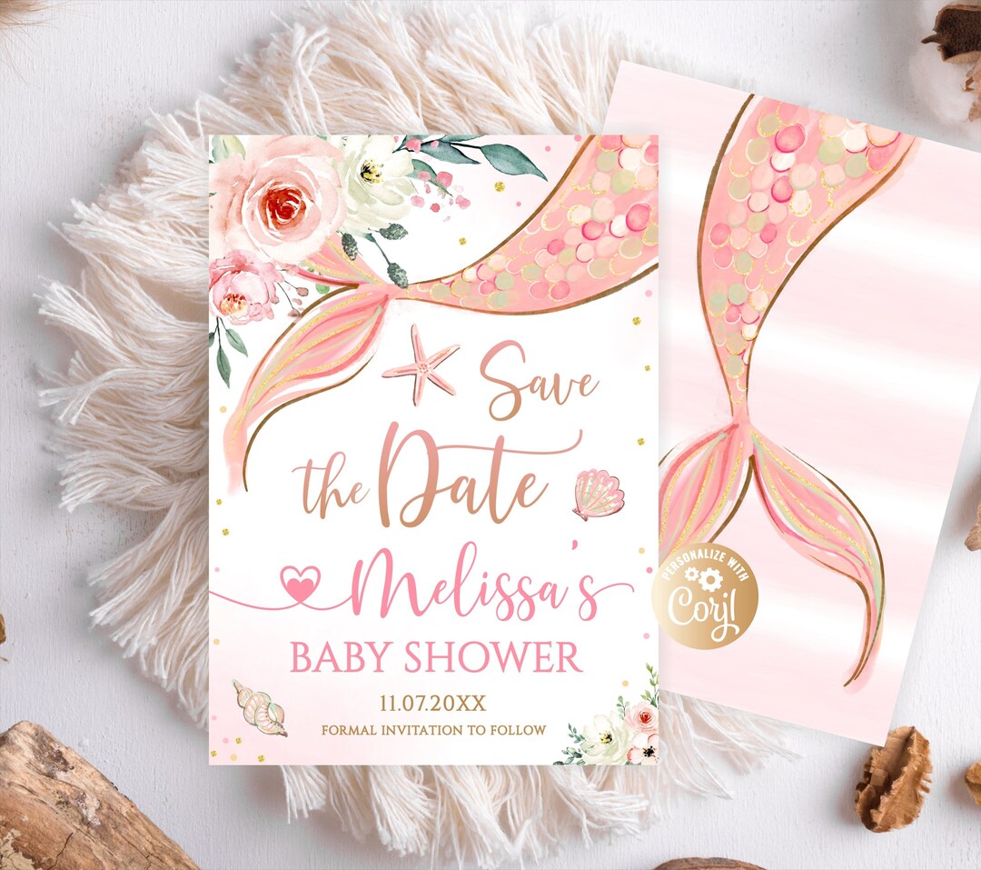 Editable Mermaid Baby Shower Save the Date Invitation, Mermaid Gold ...