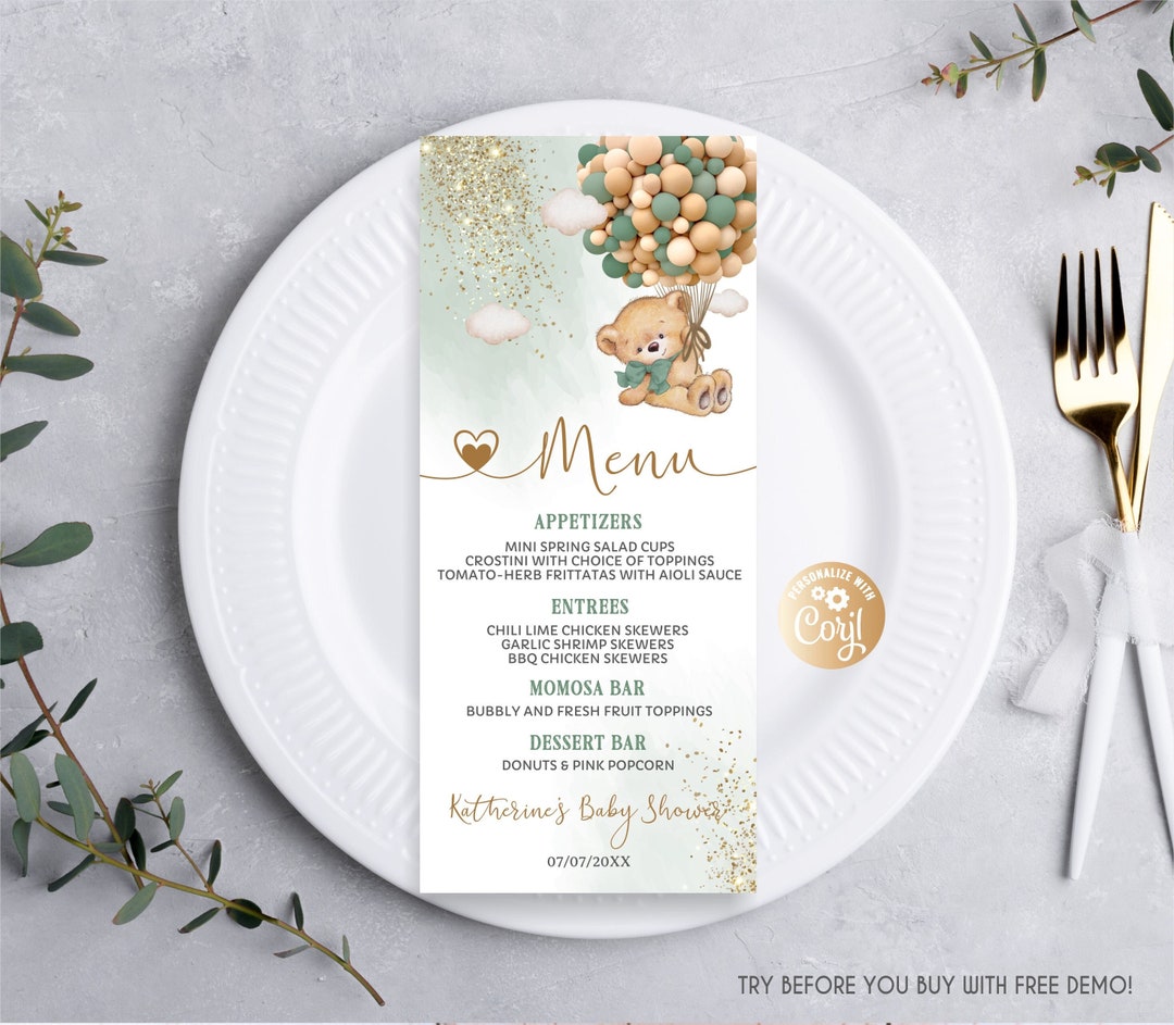 Editable Bear Dinner Menu Card, We Can Bearly Wait Boy Green Bear Hot ...