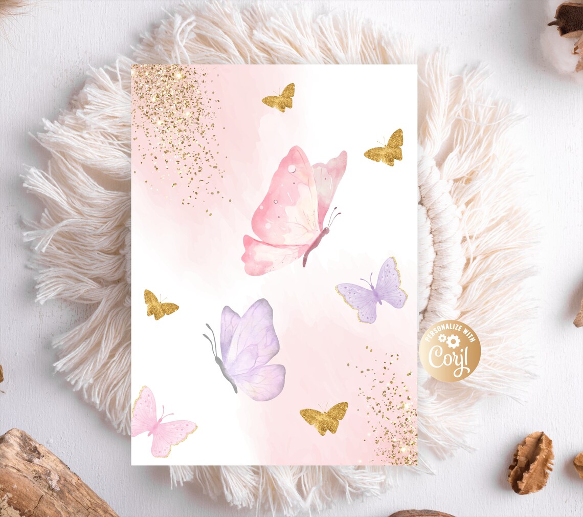 Editable Butterfly Baby Shower Save the Date Invitation, Girl Pink Gold ...