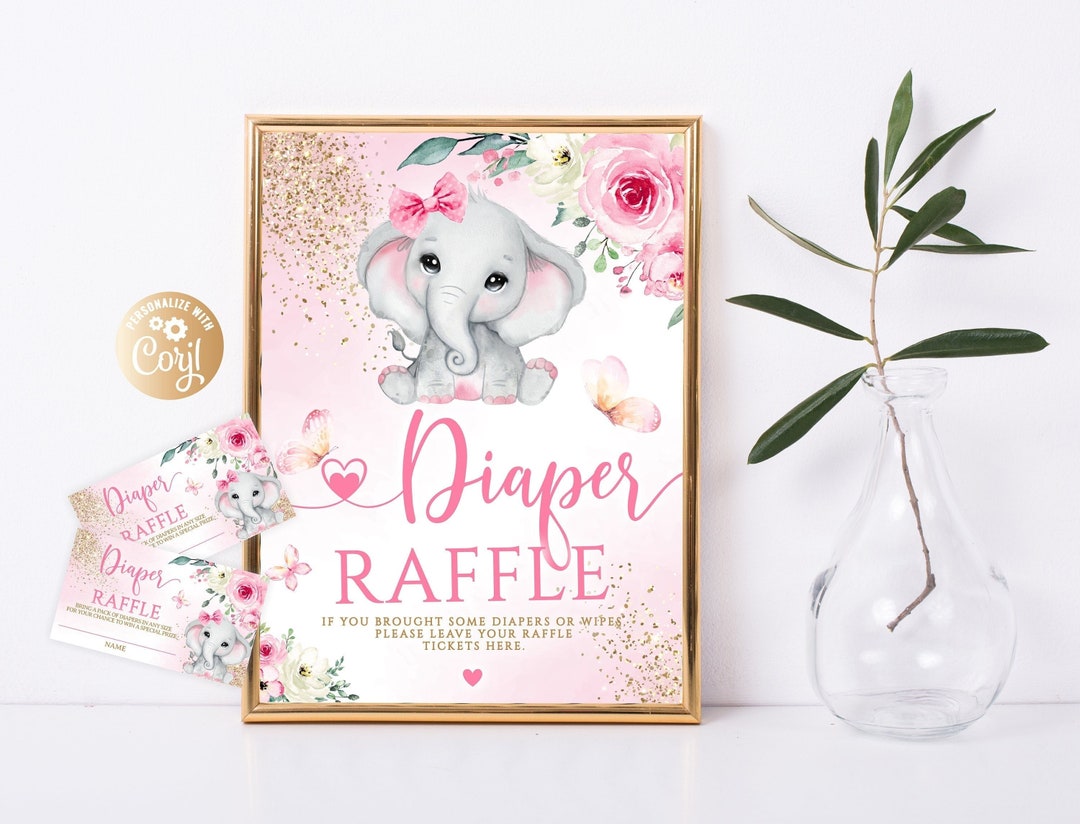 Editable Rose Hot Pink Diaper Raffle Sign Elephant Girl Pink Roses ...