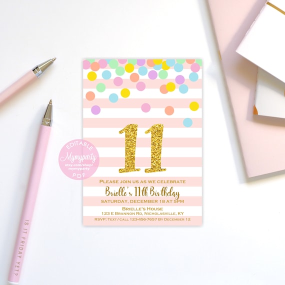 11th Birthday Invitations for Girls Pink and Gold Fourth - Etsy