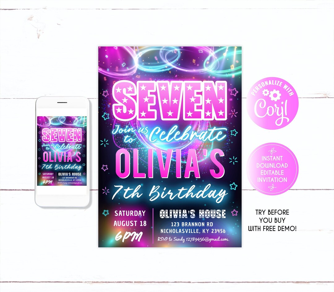 7th Birthday Invitation Girl, 7th Birthday Girl, 7 Years Old, Girl ...