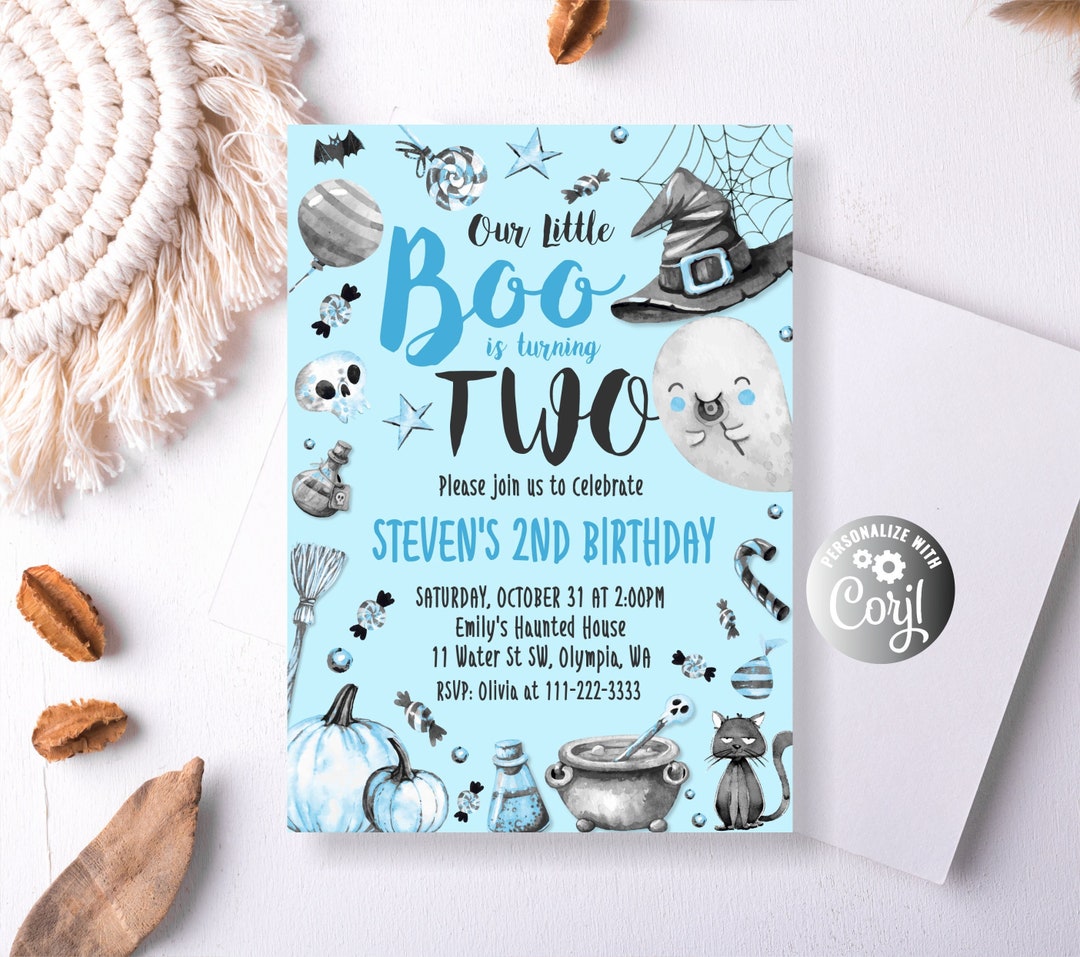 Editable Our Little Boo Birthday Party Invitation Boy Blu, Halloween ...