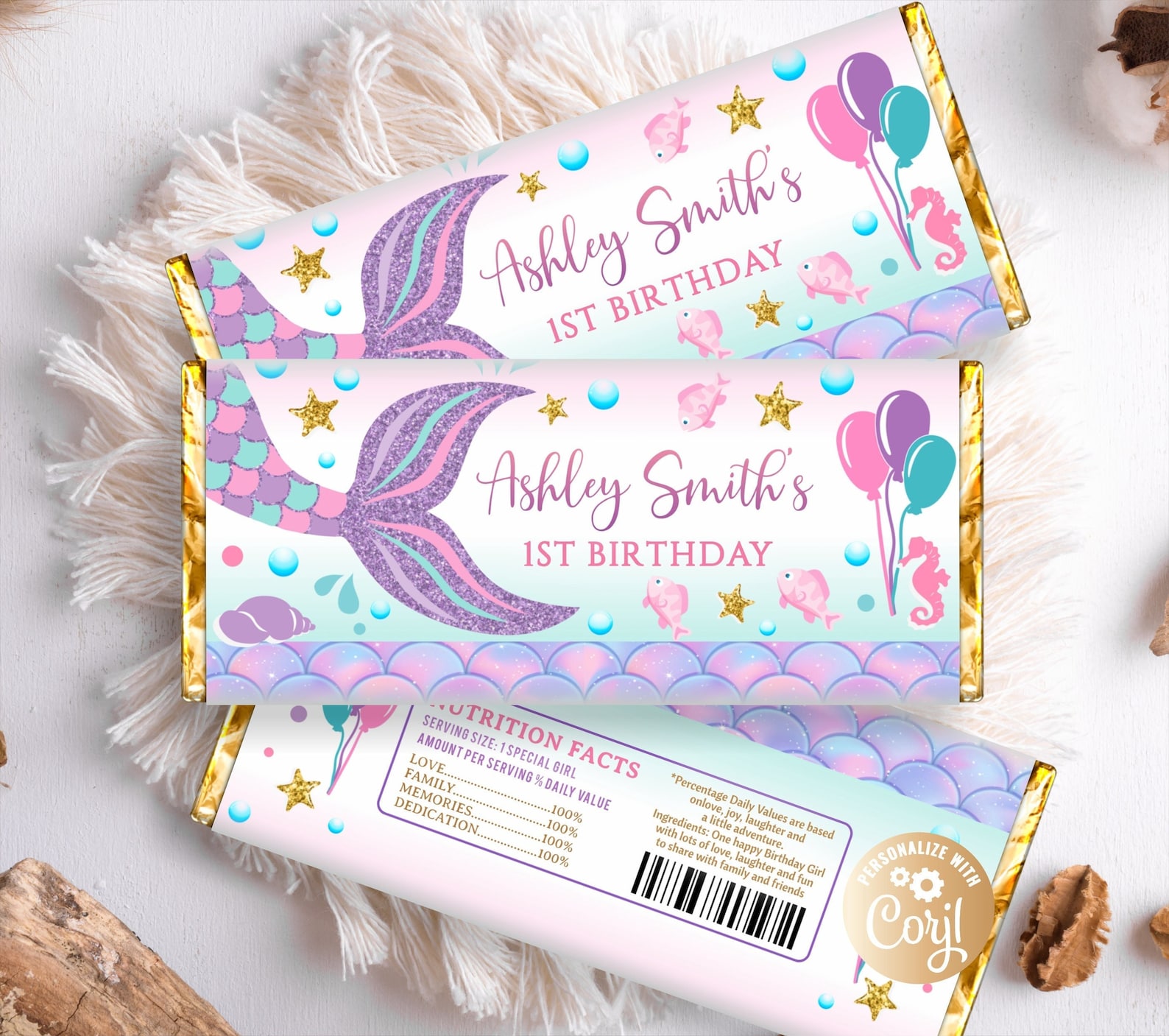 Editable Mermaid Birthday Chocolate Wrapper Purple Pink, Printable Birthday Mermaid Candy Bar ...