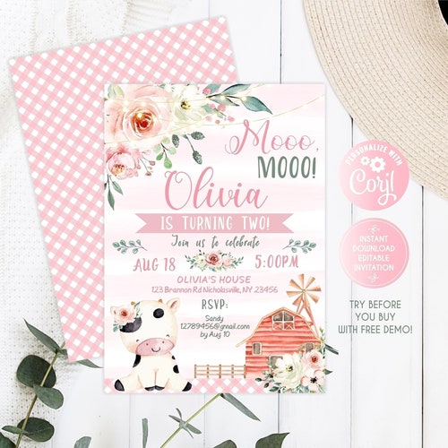 Cow Girl Birthday Invitation for Girl Pink Barnyard Party - Etsy