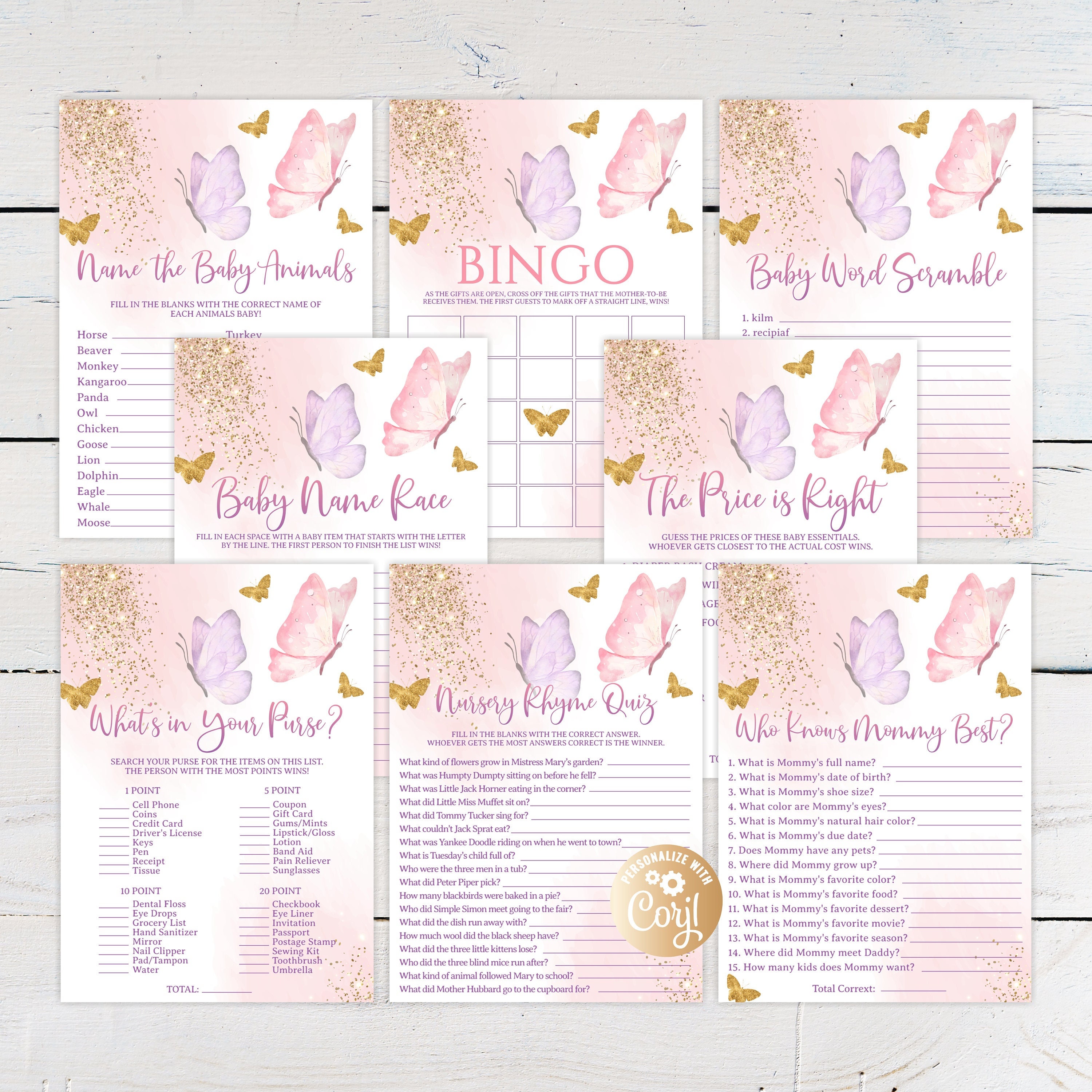 Signature Baby Blue, White, Gold Glittering Party, Bingo Game Activity ...