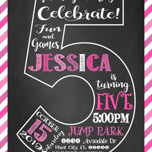 5th Birthday Invitation Girl, Сhalkboard, Fifth Birthday Invitation ...
