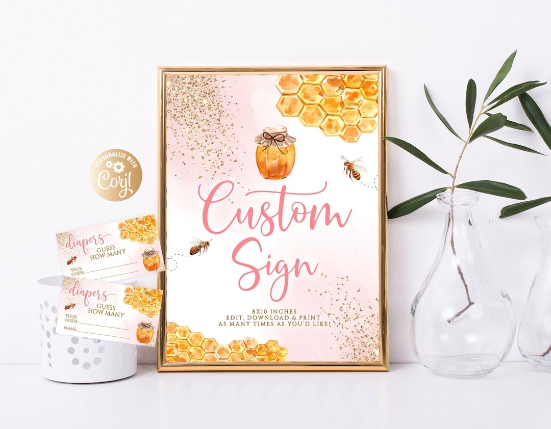 Bee Girl Pink Honey Editable Custom Sign, Watercolor Gold Glitter Bee ...