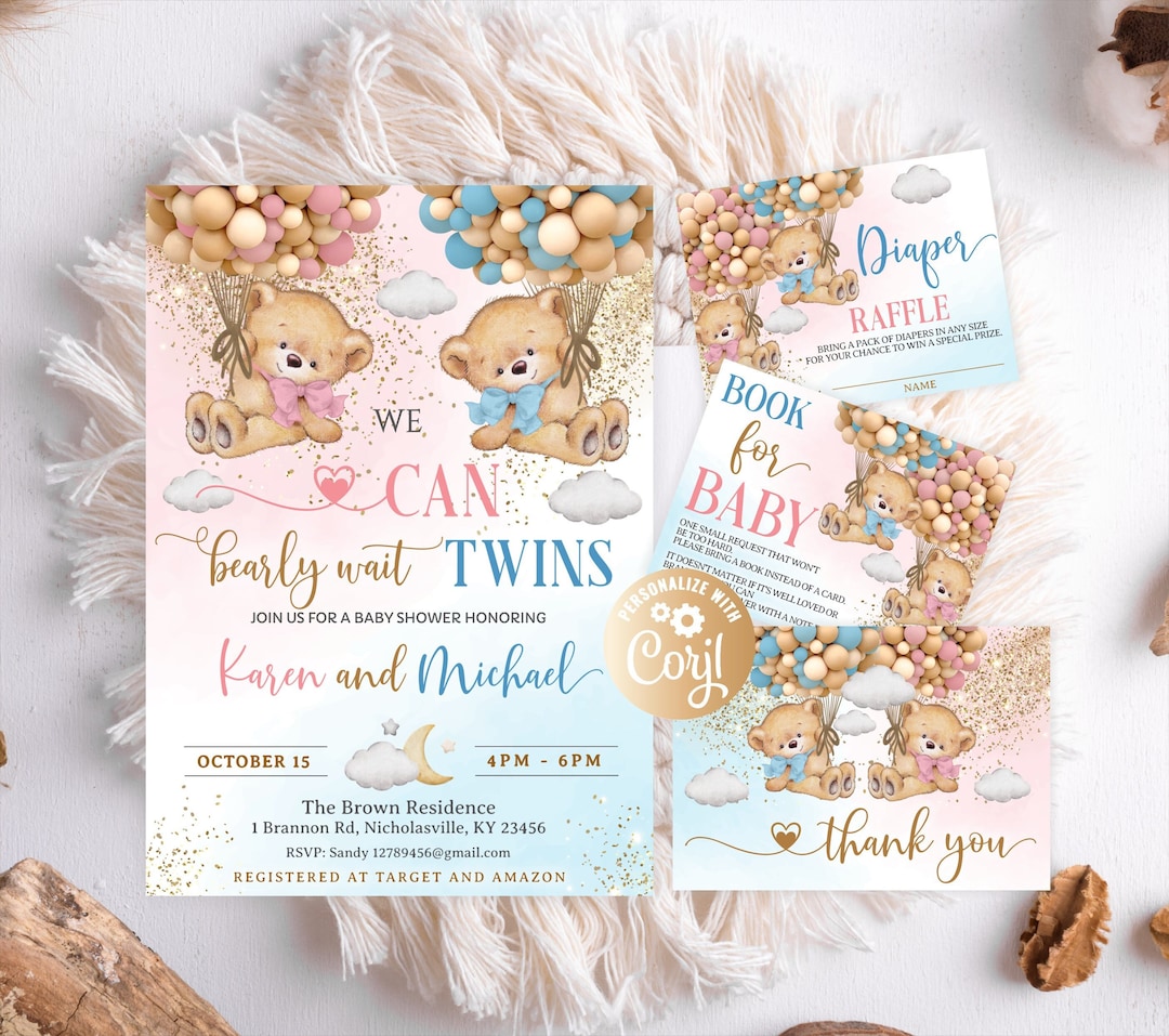 Bears Twins Girl Boy Baby Shower Invitations Set, Editable We Can ...