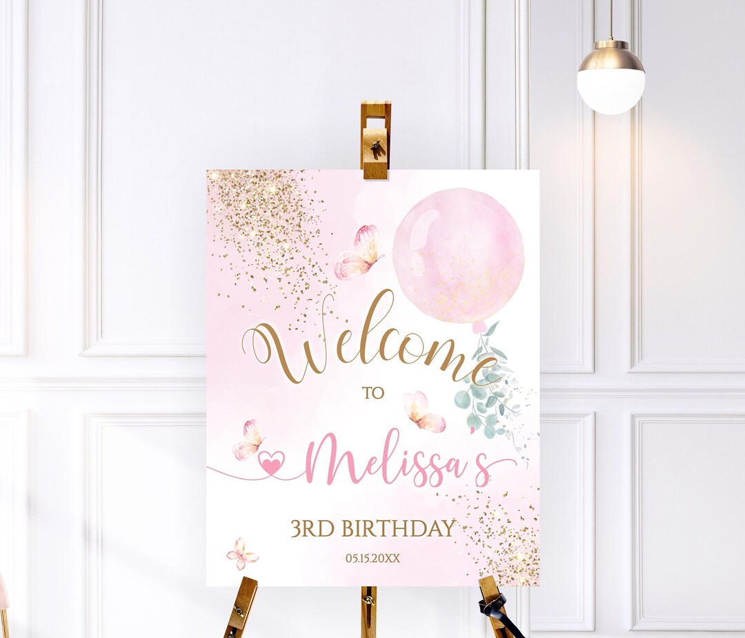 Editable Birthday Pink Balloon Welcome Sign, Greenery Pink a Balloon ...