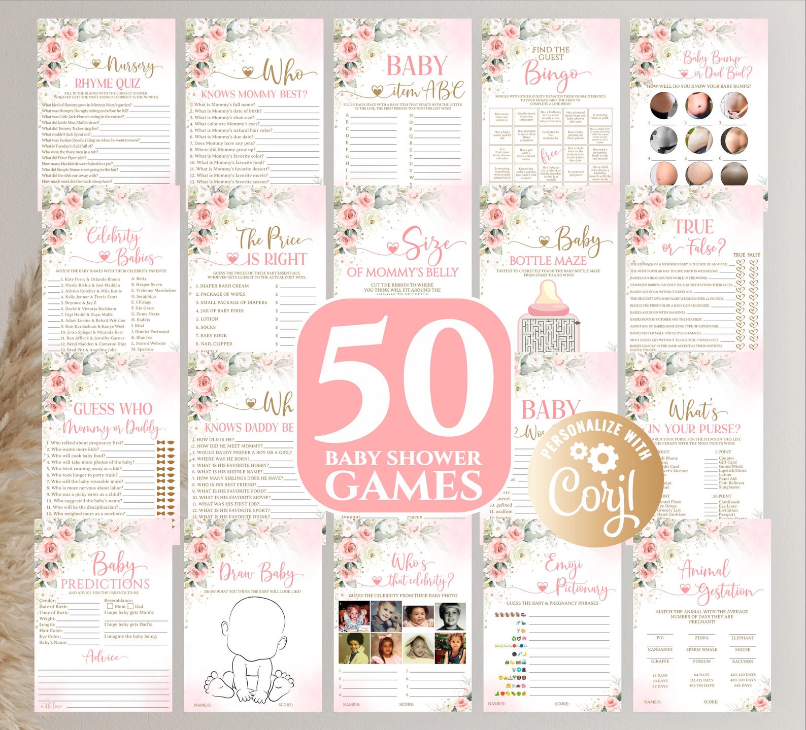 Editable Girl Baby Shower Games Package, Floral Blush Pink Rose ...