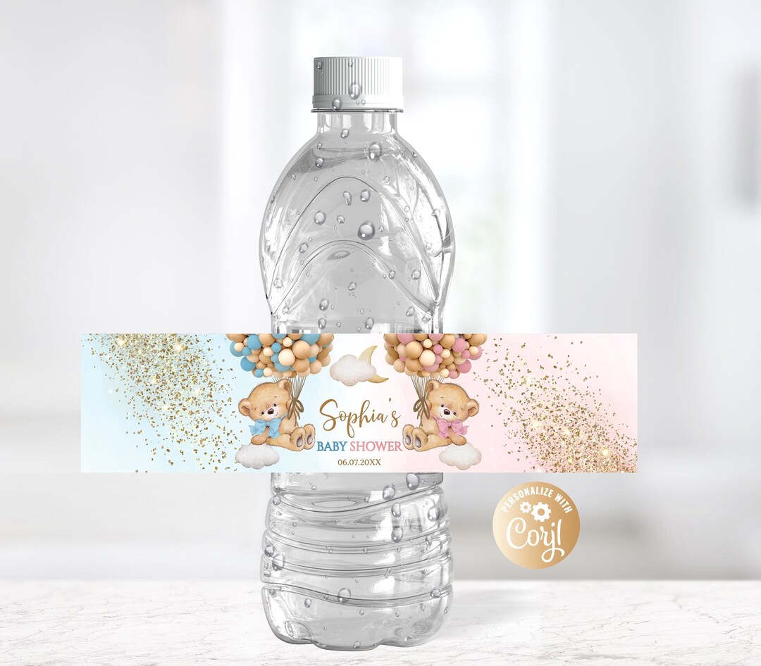 Editable Bears Twins Girl Boy Water Bottle Label Baby Shower Pink Blue ...
