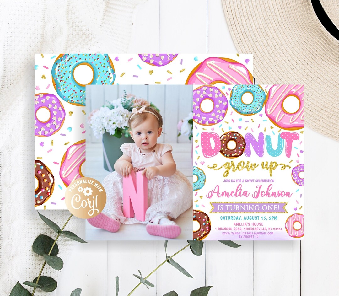 EDITABLE Donut Birthday Invitation, Donut Grow up With Picture , Donut ...