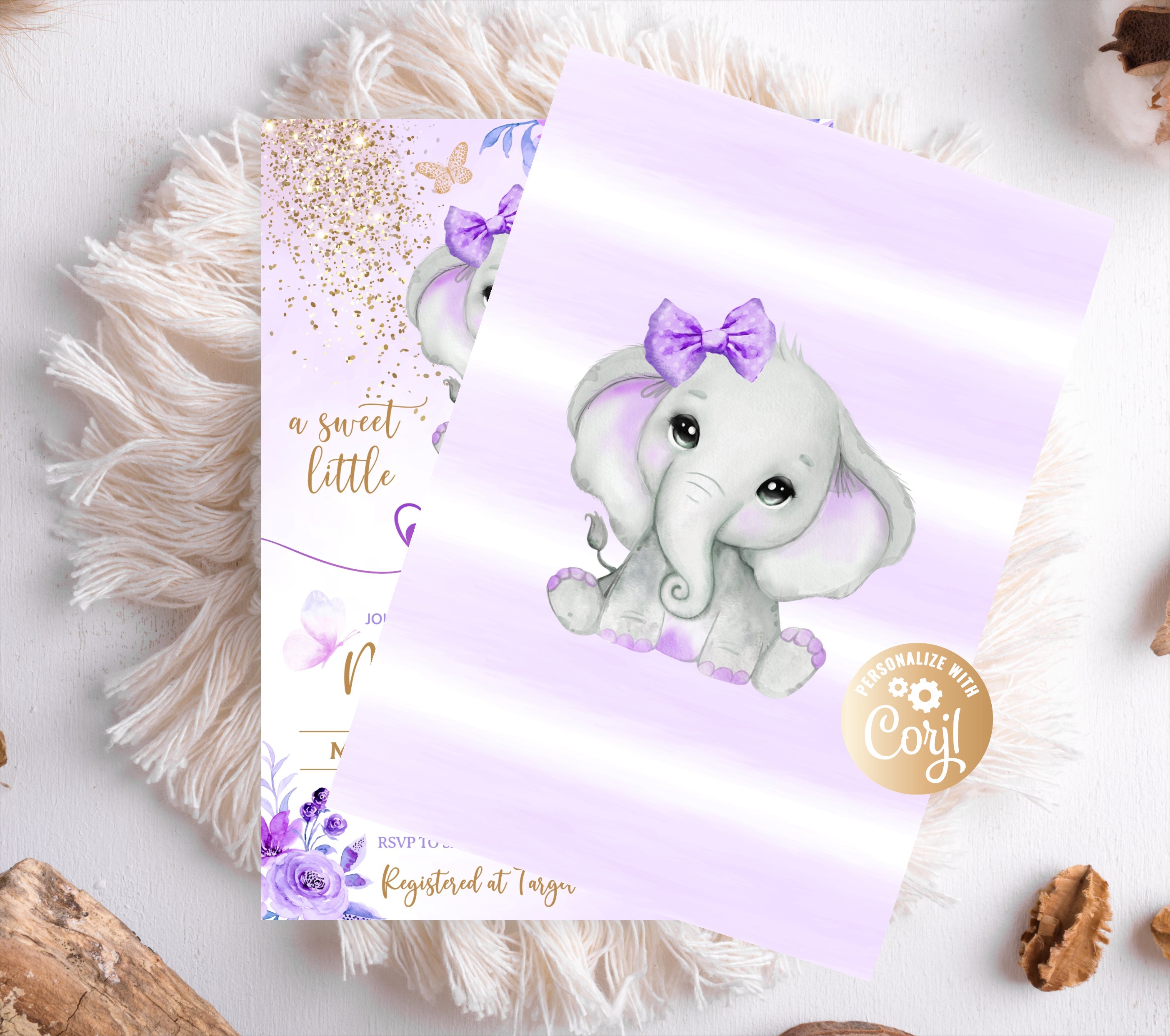 Editable Girl Elephant Purple Baby Shower Invitation, Roses Purple Baby ...