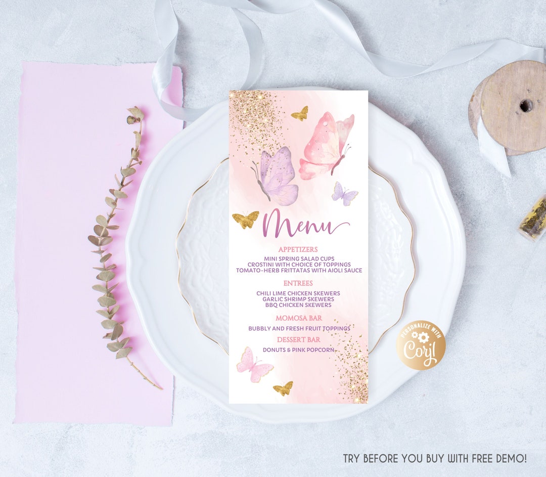 Editable Butterfly Dinner Menu Card, Butterfly Reception Dinner Menu ...