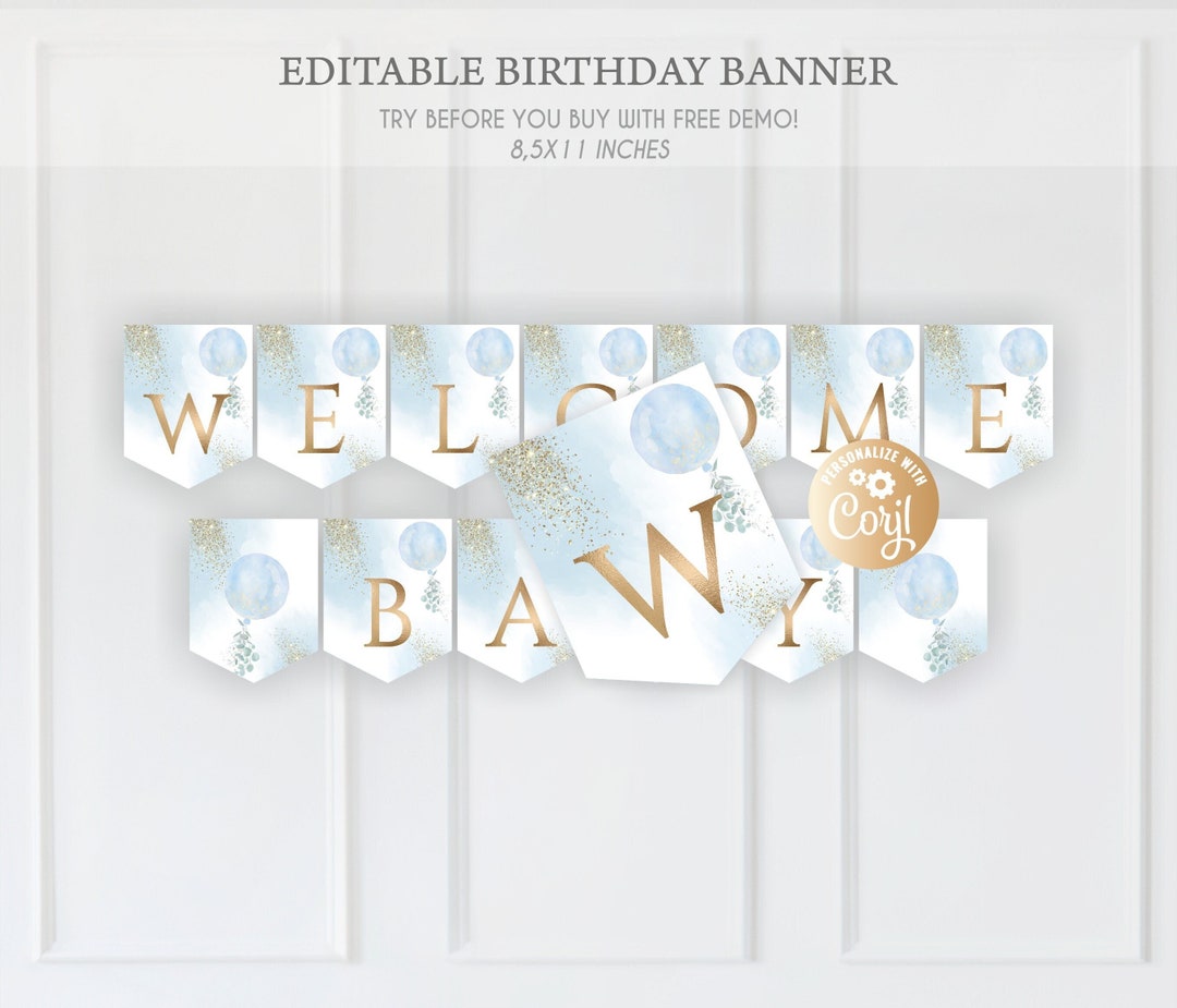 Editable Boy Blue Hot Air Balloon Welcome Baby Banner Gold Glitter Boy ...