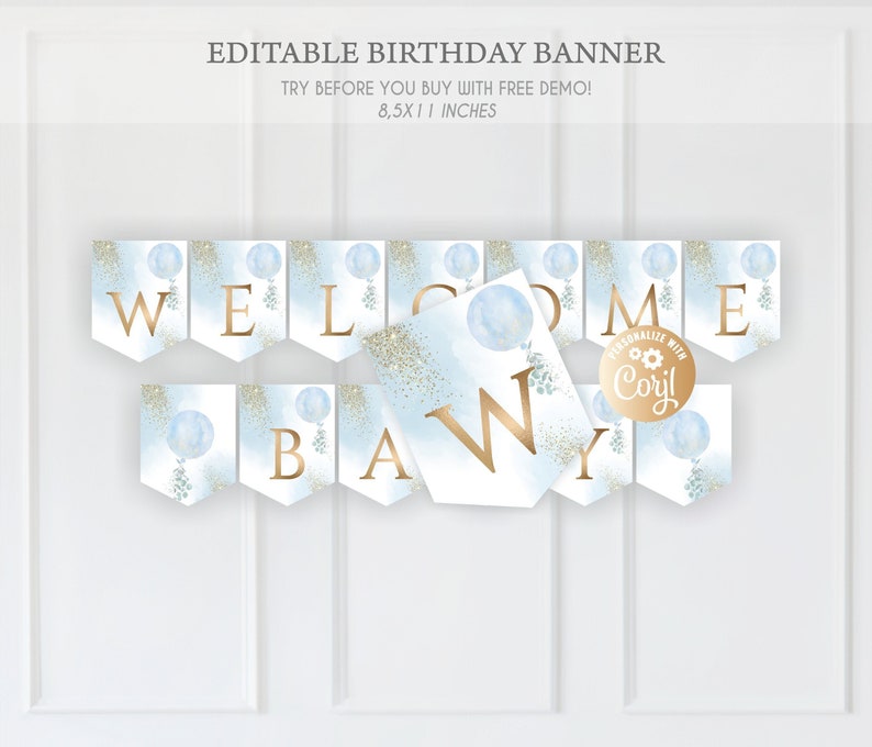 Editable Boy Blue Hot Air Balloon Welcome Baby Banner Gold Glitter Boy ...