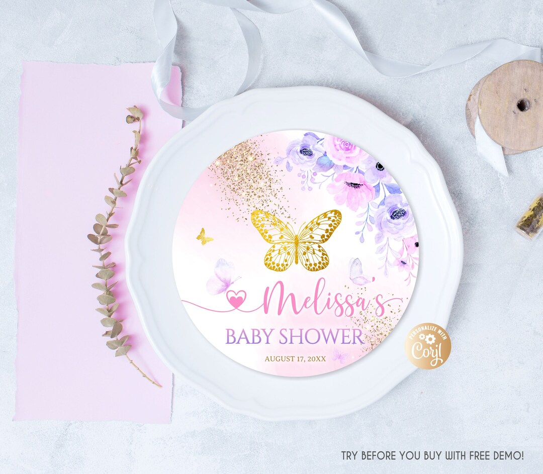 Editable Butterfly Charger Plate Insert Purple Pink Rose Flowers ...