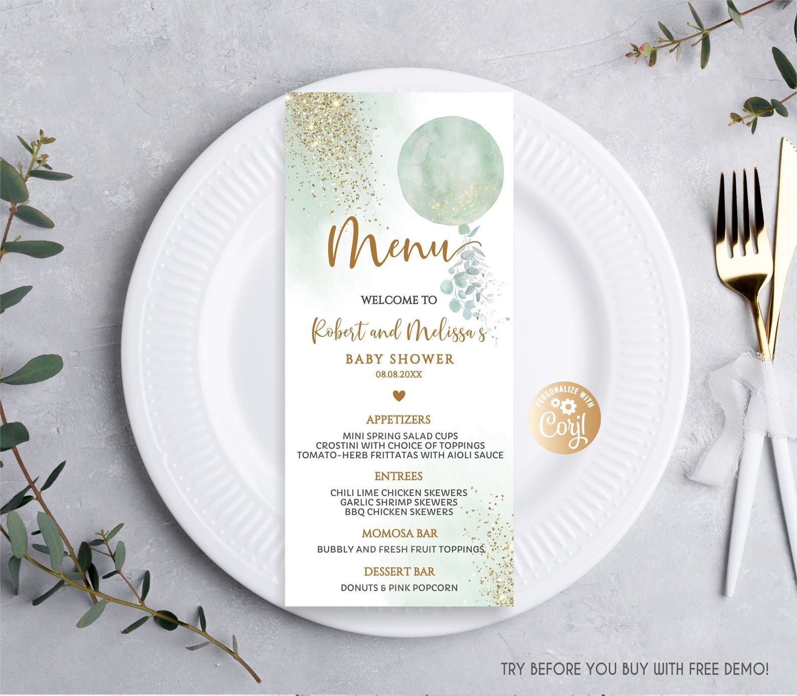 Editable Sage Green Balloon Dinner Menu Card for Boy, Balloon ...