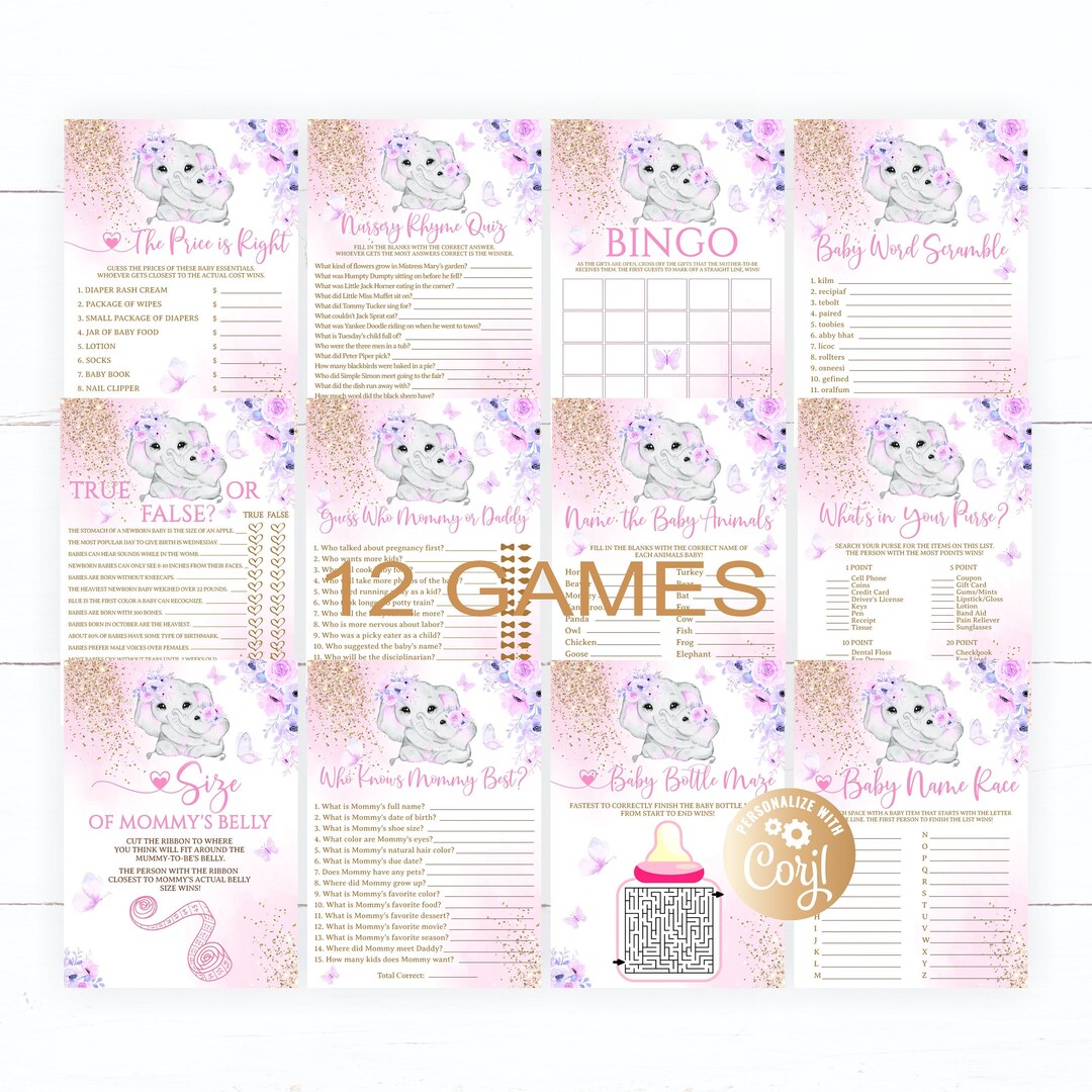 Elephant Baby Shower Games Package, Roses Purple Pink Baby Elephant ...