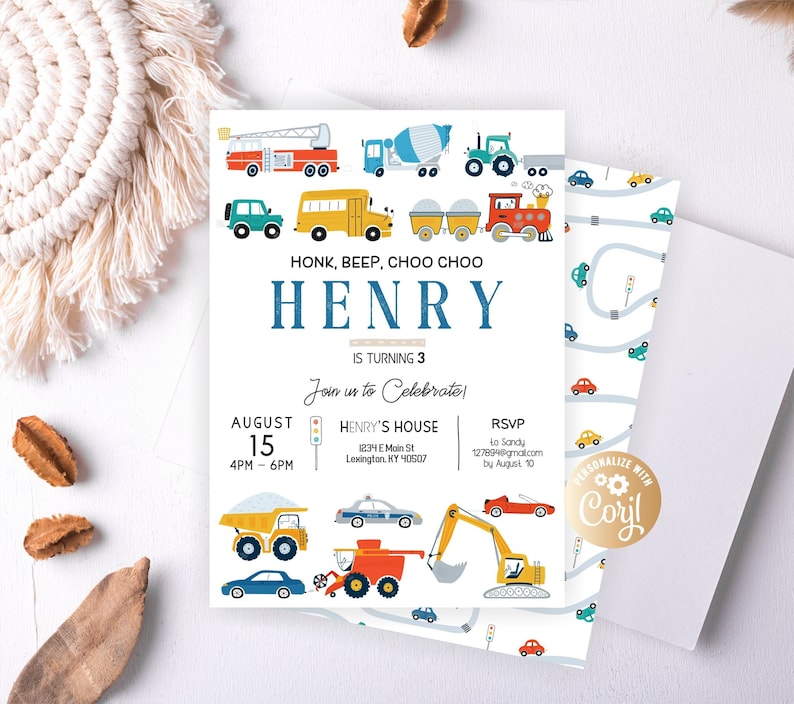 Transportation Birthday Invitation, Honk, Beep, Choo Choo, Train, Truck ...
