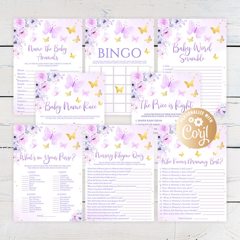 Butterfly Baby Shower Game Package Purple Pinkgold 8 - Etsy