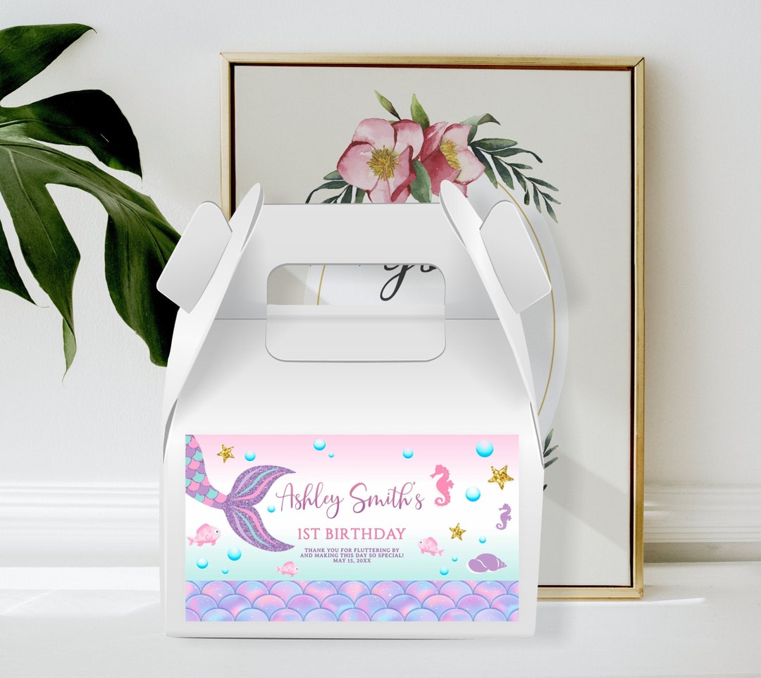 Editable Mermaid Box Label, Printable Mermaid Pink Gold Favors Gift Box ...