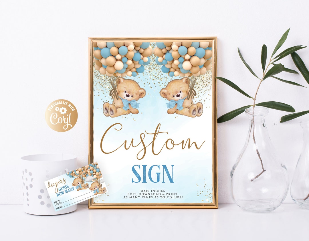 Editable Twin Boys Bear Custom Sign, Bear Blue Birthday Decor, Bear ...